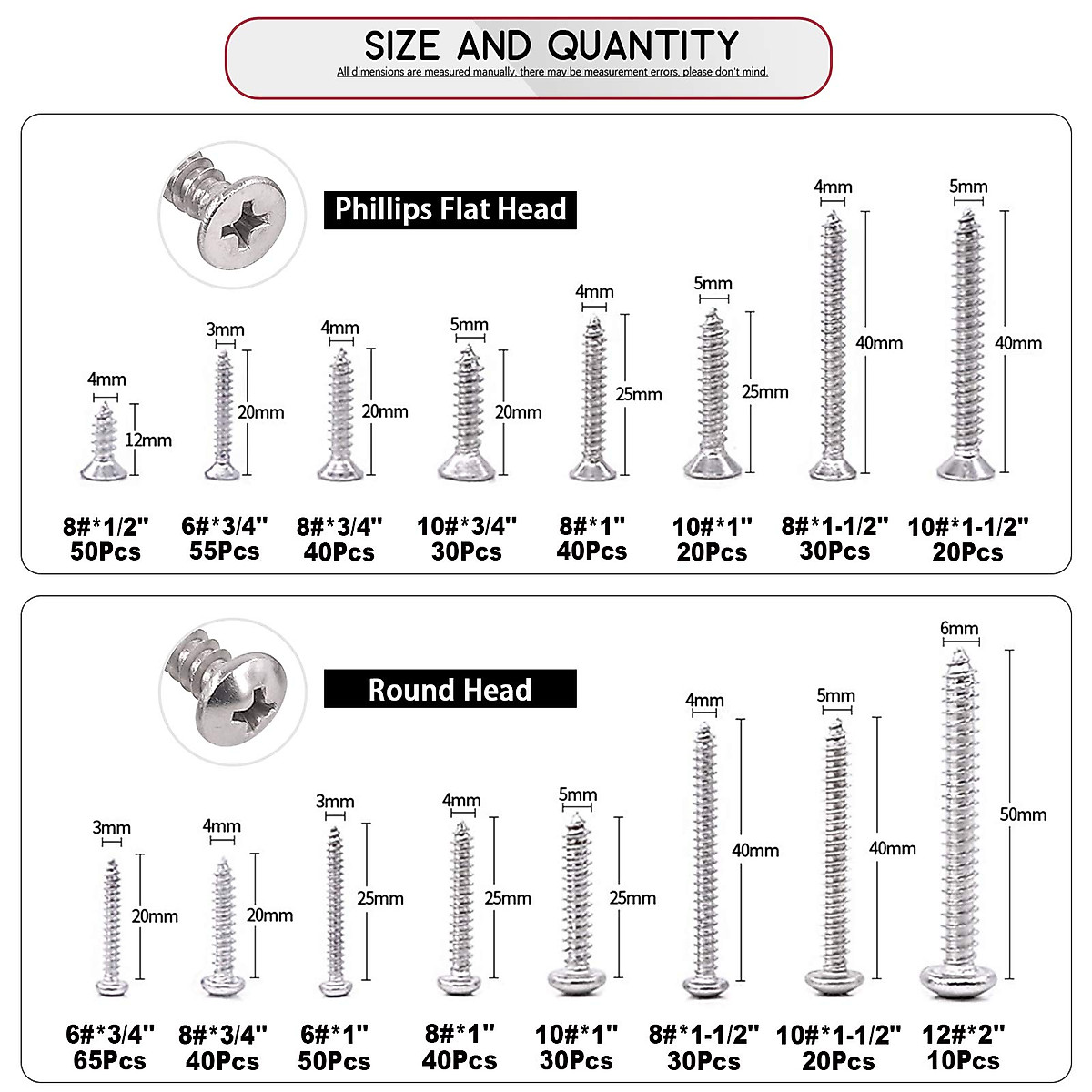 Hilitchi 570 Piece M 3 4 5 6 Stainless Steel Phillips Round Flat Head Self Tapping Screw Assortment Kit