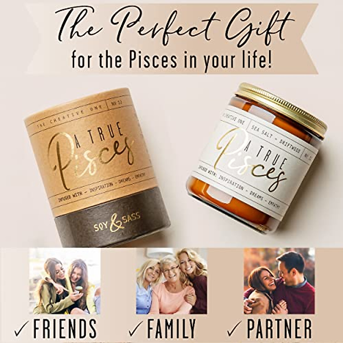 Pisces Gifts for Women, Zodiac Gifts - A True Pisces Soy Zodiac Candle, w/ Sea Salt & Driftwood I Astrology Gifts for Women I 9oz Reusable Amber Glass Jar, 50 Hr Burn Time, Made in USA