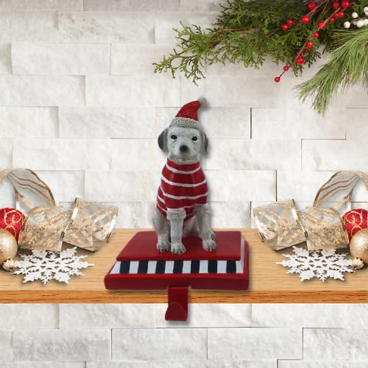 Comfy Hour 9" Polyresin Dog Wearing Hat Stocking Hanger for Christmas Decoration, Red, Winter Holiday Collection