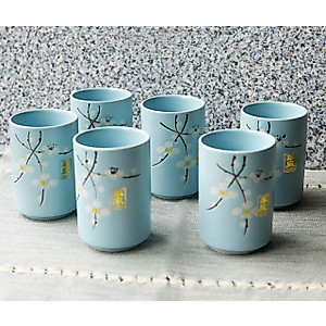 Ebros Gift Pack Of 6 Japanese Sakura Cherry Blossom Floral Branches Pastel Sky Blue Porcelain 10oz Tea Cup Set Teacups Home Kitchen Restaurant Decorative Accent