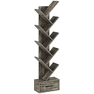 Rolanstar Bookshelf with Wooden Drawer, 9 Shelf Tree Bookshelf, Modern Book Storage, Free Standing Tree Bookcase, Utility Organizer Shelves for Home Office, Living Room, Bedroom, Grey