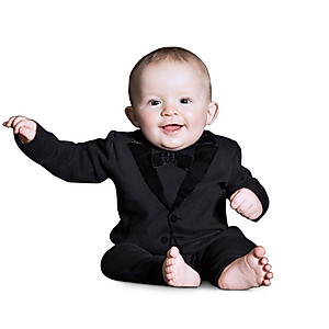 The Tiny Universe Tuxedo Onesie for Fancy Baby Boys, Body Suit with Satin Bow-Tie, Jumpsuit Gentleman Wedding Outfit (All Black, 80 / 12M)