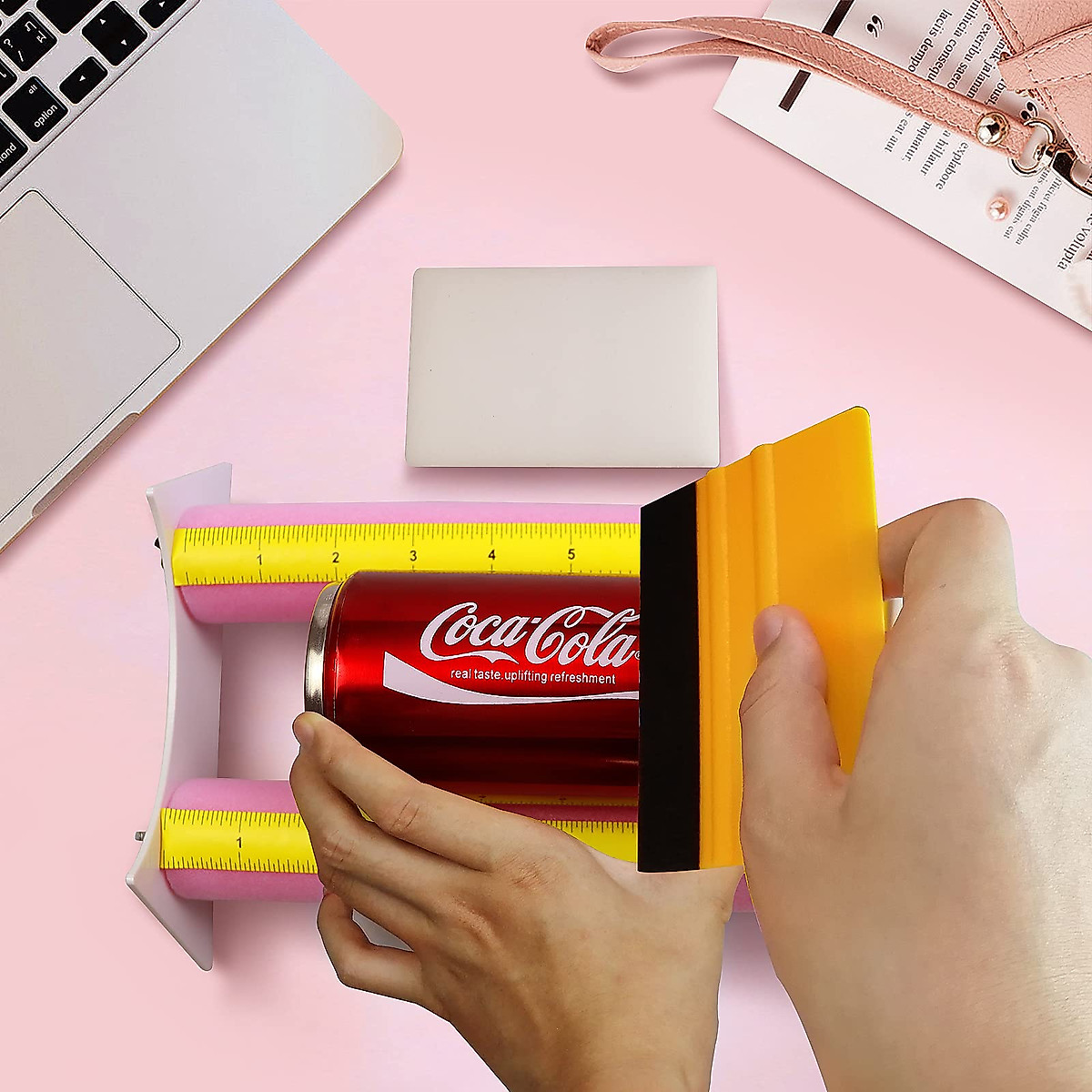 Cup Cradle for Tumbler with an Adjustment Pad and a Felt Edge Squeegee, Vinyl Holder with Foam Measurements for Crafting Decals on Cups and Bottles