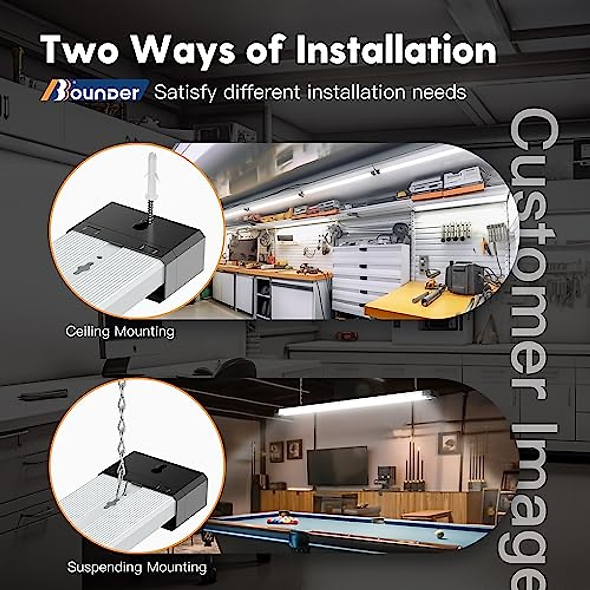 BBOUNDER 6 Pack Linkable LED Shop Light with Reflector, Super Bright 6500K Cool Daylight, 4400 LM, 4 FT, 48 Inch Integrated Fixture for Garage, 40W Equivalent 250W, Surface & Suspension Mount, Black