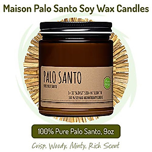 Maison Palo Santo Raw Genuine Palo Santo Essential Oil from Ecuador Aromatherapy Candle 9oz Handcrafted in USA with Natural Soy Wax for Purification & Cleansing Free Palo Santo Stick Included
