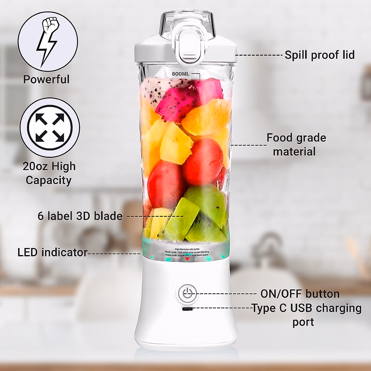 Juice Jet, 20oz Portable Blender, 6 Blade Mixer, USB Rechargeble, Personal Size Blender, High Speed, with Travel Lid, BPA Free, Gym, Home, Outdoor, Office, Family (White)