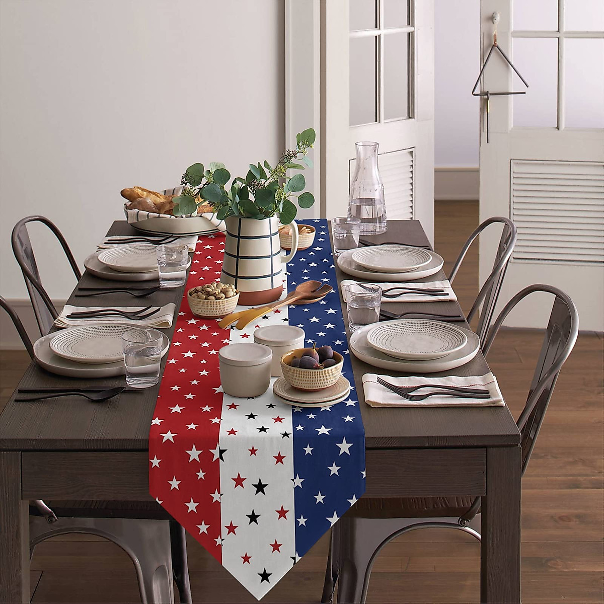 Independence Day Table Runner with Cotton Linen Blend,July 4th Red White Blue Table Top Covers Table Runner Decorations for Indoor Outdoor Party Holiday Wedding Dining Table-13 x 70inch Long