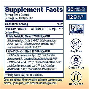 Renew Life Adult Probiotics, 30 Billion CFU Guaranteed, Probiotic Supplement for Digestive & Immune Health, Shelf Stable, Gluten Free, Extra Care, For Men & Women, 60 Capsules