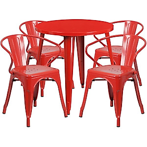 Flash Furniture Commercial Grade 30" Round Red Metal Indoor-Outdoor Table Set with 4 Arm Chairs