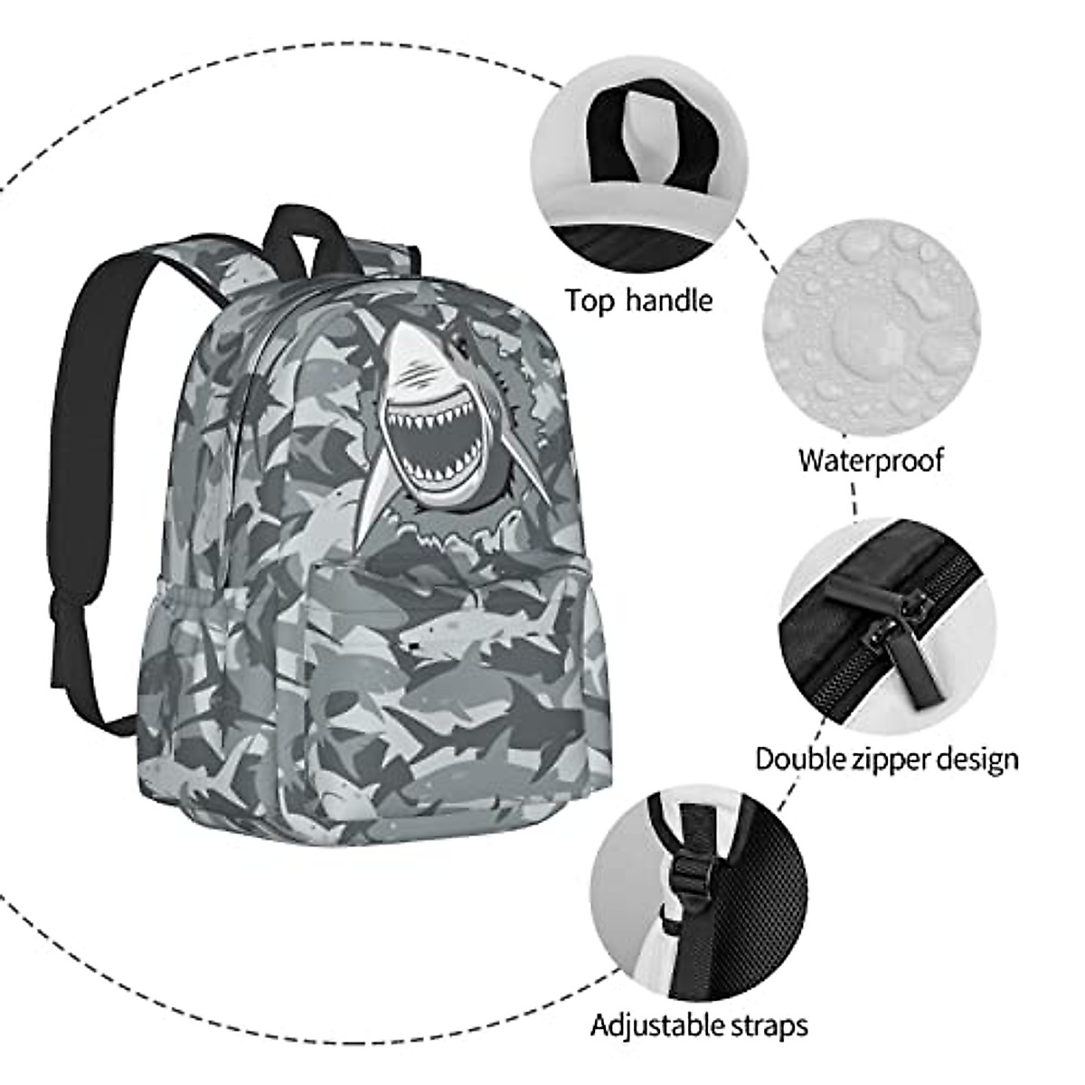 Shark Backpack Adjustable Strap Shoulder Bag Laptop Backpack Casual Daypack For Travel Work 16 Inches