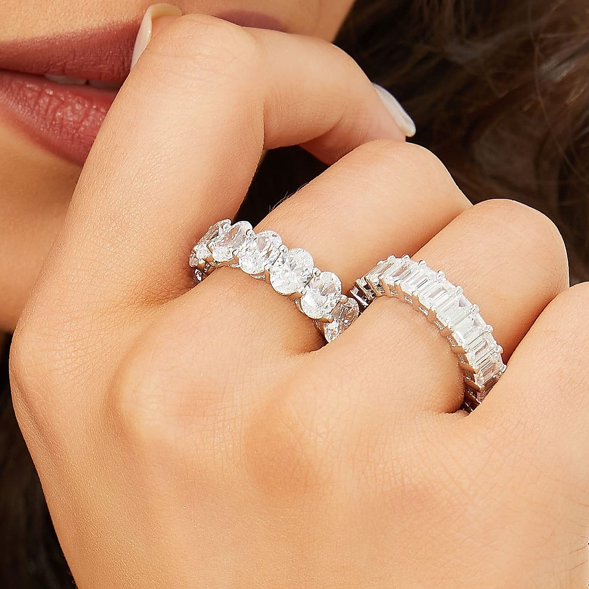 Michooyel S925 Oval Cut Eternity Ring 5x7mm CZ Band Ring Wedding Ring Sterling Silver Rings for Women