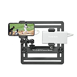 vgsion Aluminum Cell Phone/Action Camera Fence Mount for iPhone, Mevo Start, GoPro with Two Phone Clips, Angle Adjustable, Support Recording While Charging for Tennis, Baseball Games