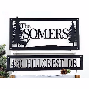 Personalized Deer Family Name Sign and Address Sign Set of 2 Pieces House Number Plaque Custom Metal Sign 8x8 inches Black Power Coated Home Outdoor Decor Housewarming Gifts
