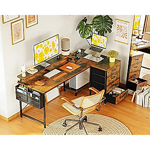 ODK 55 inch L Shaped Computer Desk with USB Charging Port & Power Outlet, L-Shaped Corner Desk with 4 Tier Drawer & Monitor Shelf for Home Office Workstation, Modern Style Writing Table, Vintage