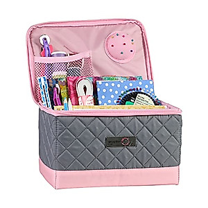 Everything Mary Collapsible Sewing Kit Organizer Box, Pink & Grey - Supplies Storage Basket for Supplies and Accessories - Organization for Thread, Needles, Notions & Scissors - Portable Craft Caddy