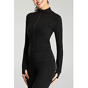 Tanming Women's Full Zip Seamless Workout Jacket Running Yoga Slim Fit Track Jacket (Black-S)