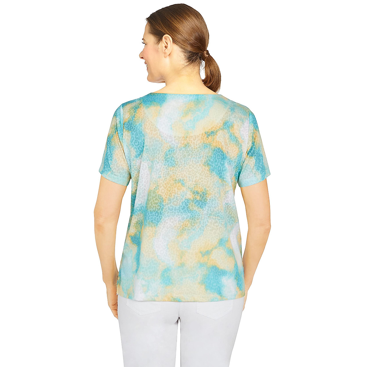 Alfred Dunner Womens Animal Tie Dye Burnout Top, Aqua/Lemon, S