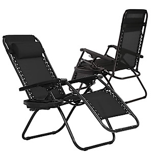 HCY Zero Gravity Chairs Outdoor Adjustable Recliner Chair Folding Lounge Patio Chairs with Cup Holder Pillows Set of 2 for Beach, Yard, Lawn, Camp（Black）