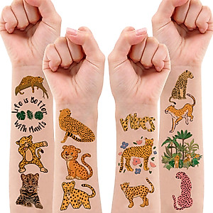 8 Sheets (96PCS) Cheetah Tattoos Temporary Jungle Theme Birthday Party Supplies Favors Decorations Tattoo Stickers For Boys Girls Gifts Classroom School Prizes Rewards