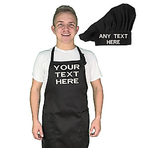 PLACE4PRINT Personalized Chef Apron with Hat Set for chef Embroidered Design - Aprons for Women and Men, Kitchen Chef Apron with 2 Pockets and Long Ties, Adjustable Bib Apron for Cooking, Serving