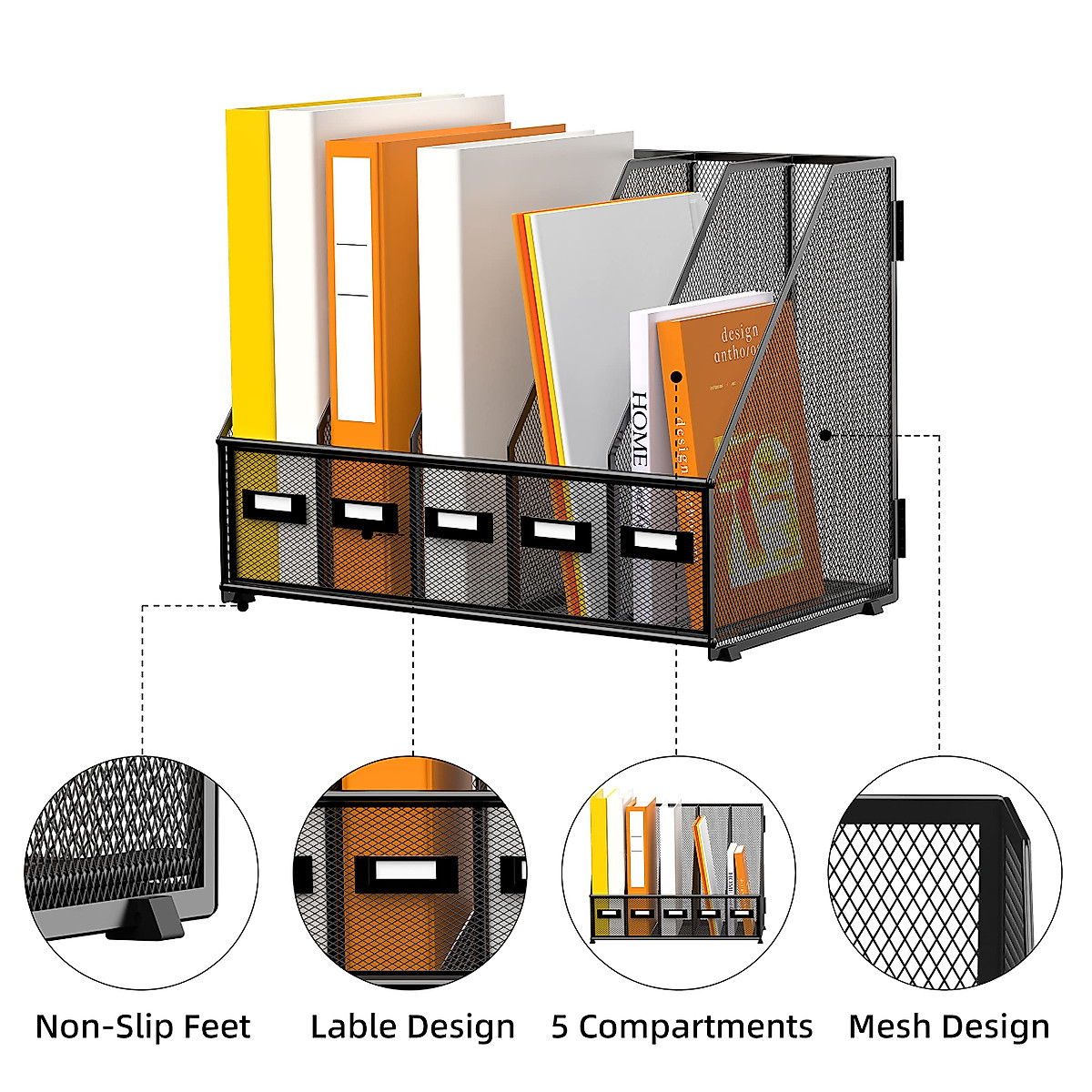 DALTACK Desk Organizers Metal Desk Magazine File Holder with 5 Vertical Compartments Folder Storage for Office Home School Organization, Black