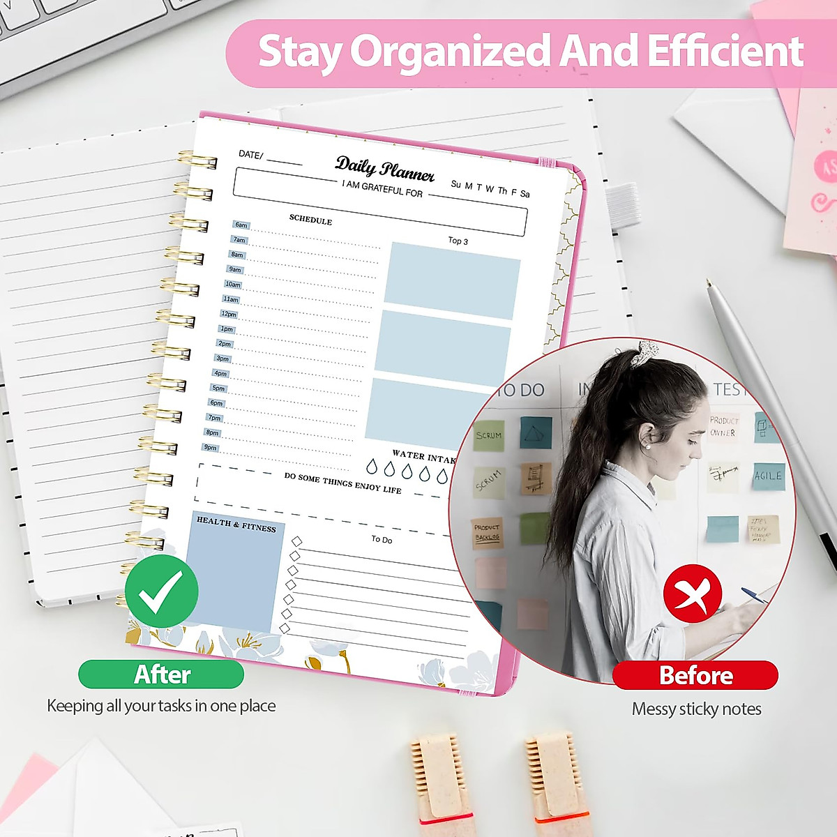 Siltamu Daily Planner Undated 6.1″ x 8.5″,To Do List Notebook with Hourly Schedule,Meal Planning and Spiral Appointment Organizers for Men and Women with Pocket and Pen Loop - Pink