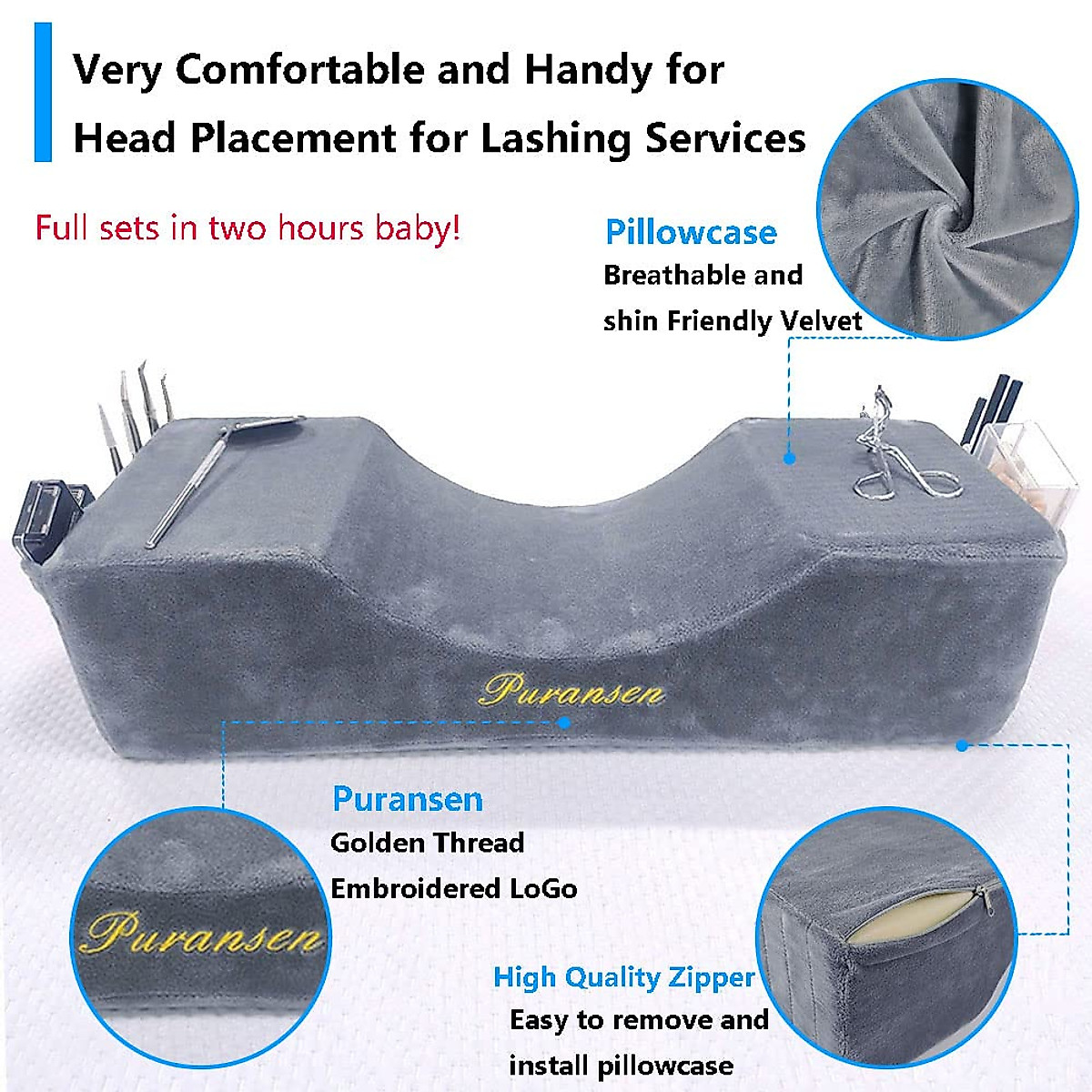 Eyelash Extension Neck Pillow With Acrylic Shelf Organizer Stand,Cervical Pillows Support for Protecting The Neck,Velvet Lashing Pillow Makeup Tool Display Cabinet Shelves (White & GY)