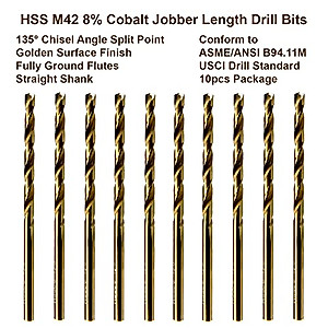 MAXTOOL 1/16" 10pcs Identical Jobber Length Drills HSS M42 Twist Drill Bits 8% Cobalt Fully Ground Golden Straight Shank Drills; JBF42G10R04P10