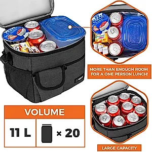 opux Large Insulated Lunch Bag for Men Women, Leakproof Thermal Lunch Box Work School, Soft Lunch Cooler Tote Bag with Shoulder Strap for Adult Kid, Boy, Girl, Reusable Lunch Pail, Dark Gray