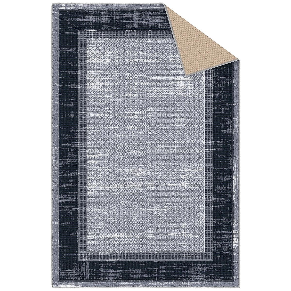 Ottomanson Ottohome Contemporary Bordered Design Rubberback Area Rug, 3'3" x 5', Gray/Navy
