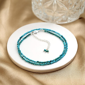 Gempires Genuine Turquoise Beads Beaded Choker Necklace for Women December Birthstone, 2.4-2.5 mm Faceted Beads With 16 + 2 Inch Adjustable Silver Plated Chain