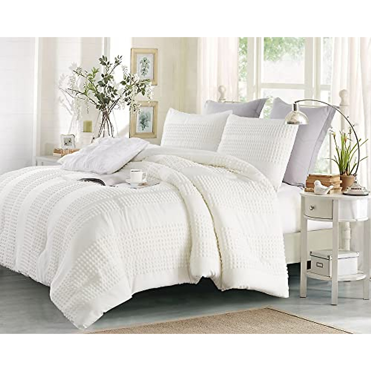Cupocupa King Size Comforter Set;White Comforter Boho Tufted Lightweight Bedding Sets 3PCS Pom Pom Comforter Soft Jacquard Comforter with 2 Pillow Cases for All Season