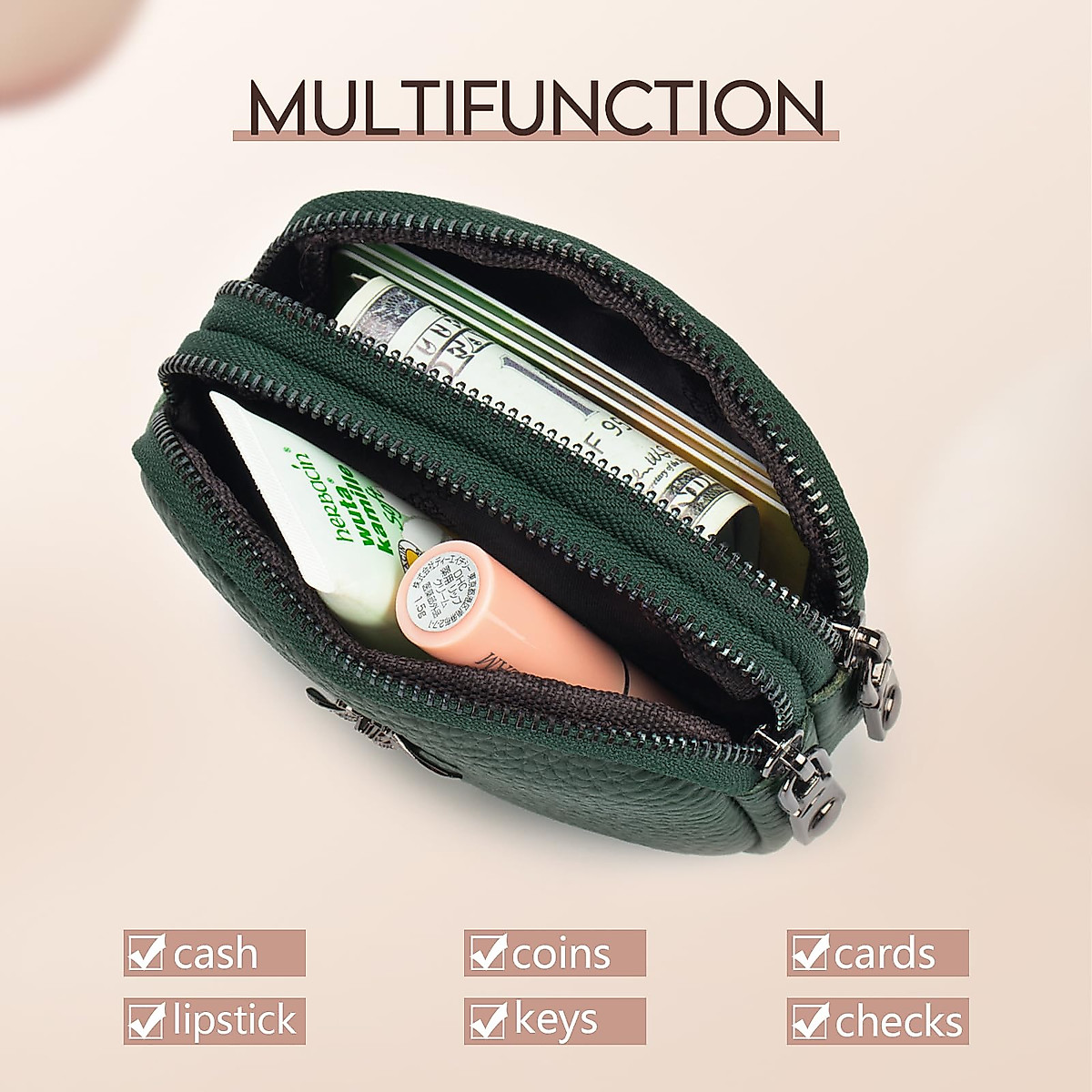 imeetu Women Leather Coin Purse, Small 2 Zippered Change Pouch Wallet(Green)