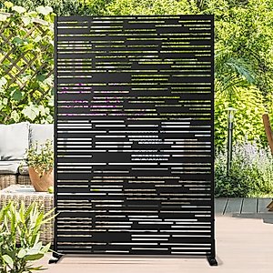 Elevens Metal Outdoor Privacy Screen, Freestanding Outdoor Divider Decorative Privacy Fence Screen,Outdoor Decorative Privacy Screens & Panels, 72" H×47" W (Black-Lines)