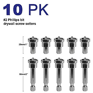 Geinxurn 10PCS(1”and 2”) PH2 Screwdriver Bits Set for Plasterboard,Positioning Drywall Screw Setter Easy Drywall Installation