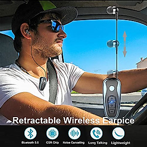 Retractable Wireless Headset Headphone Stereo Earphone V5.0 Noise Cancelling Mic Clip on Earpiece Comfortable HandsFree Headset 11Hrs Talking Time Sports Business Trucker Driver Earbud