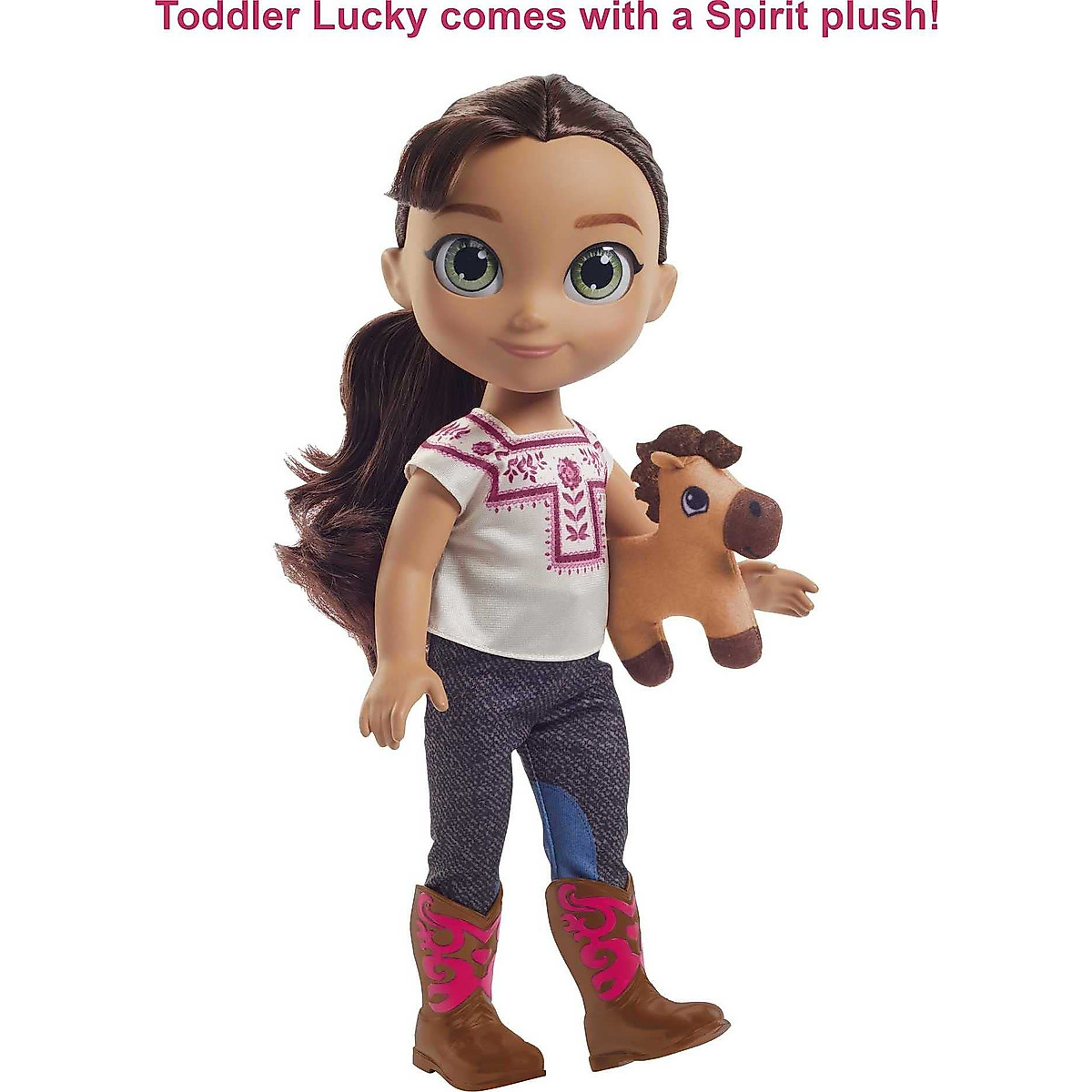 Mattel Spirit Untamed Toddler Lucky Doll (Approx. 14-in) in Jeans Outfit with Embroidery Style Fabric Top, Boots Plus Spirit Plush Figure & Brush, Great Gift for Ages 3 Years Old & Up