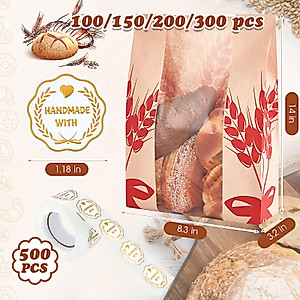 200 Pcs Kraft Paper Bread Loaf Bag with Clear Window Large Paper Bread Bags for Homemade Bread Food Packaging Storage Bakery Bag and 500 Pcs Stickers for Sourdough Popcorn Cookies, 14 x 8.3 x 3.2 In