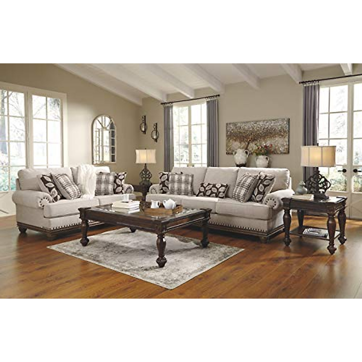 Signature Design by Ashley Harleson Modern Farmhouse Loveseat with Nailhead Trim and 4 Accent Pillows, Beige