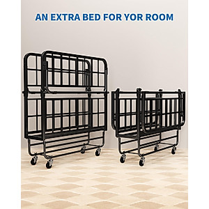 Ferlizer Folding Bed with Mattress for Adults, [Twin] Rollaway Bed with Mattress - 4" Memory Foam & Sturdy Metal Structure - 75" x 38", Black