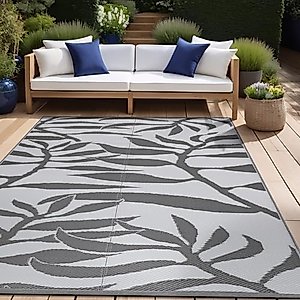 Beverly Rug Floral Leaf Outdoor Rugs 6x9 Waterproof Reversible Plastic Straw Rug Outdoor Carpet, Outside Mat for Patio, Camping, Picnic, Porch, Deck, RV, Beach, Pool, Grey and White