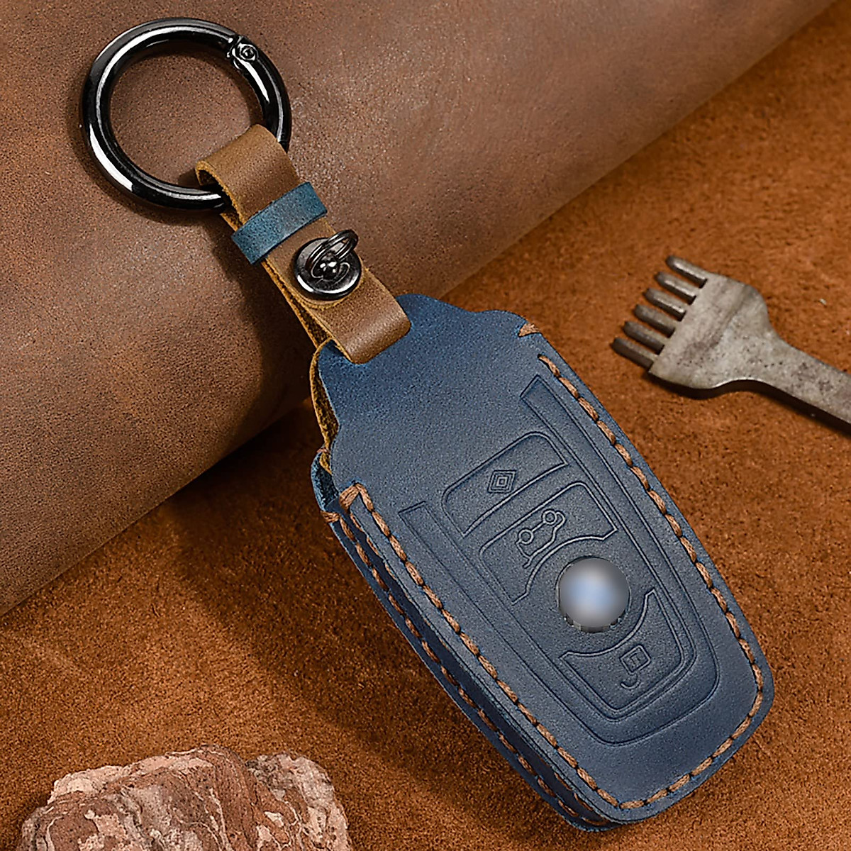 OLLEN Genuine Leather No Screws Key Fob Cover Fit for BMW 1 3 4 5 6 7 Series X3 X4 M5 M6 GT Series etc, Square Shape, Blue
