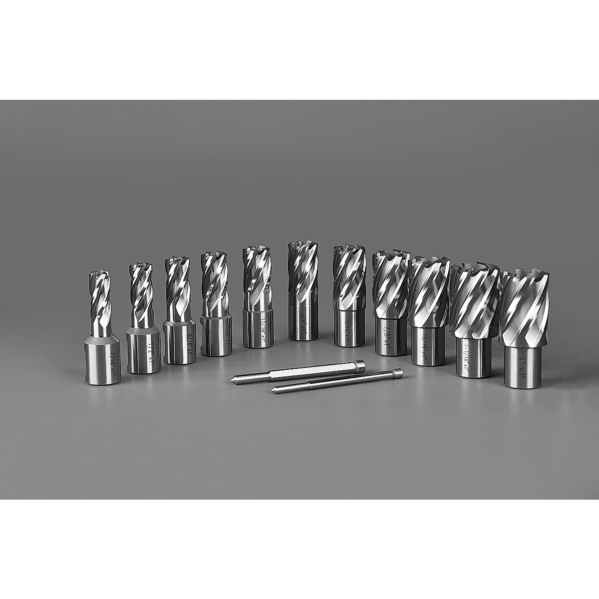 Annular Cutter Set 13 pcs JESTUOUS 3/4 Inch Weldon Shank 1 Cutting Depth and Cutting Diameter from 7/16 to 1-1/16 for Mag Drill Press HSS Standard Kit Two Flat with 2 Pilot Pins