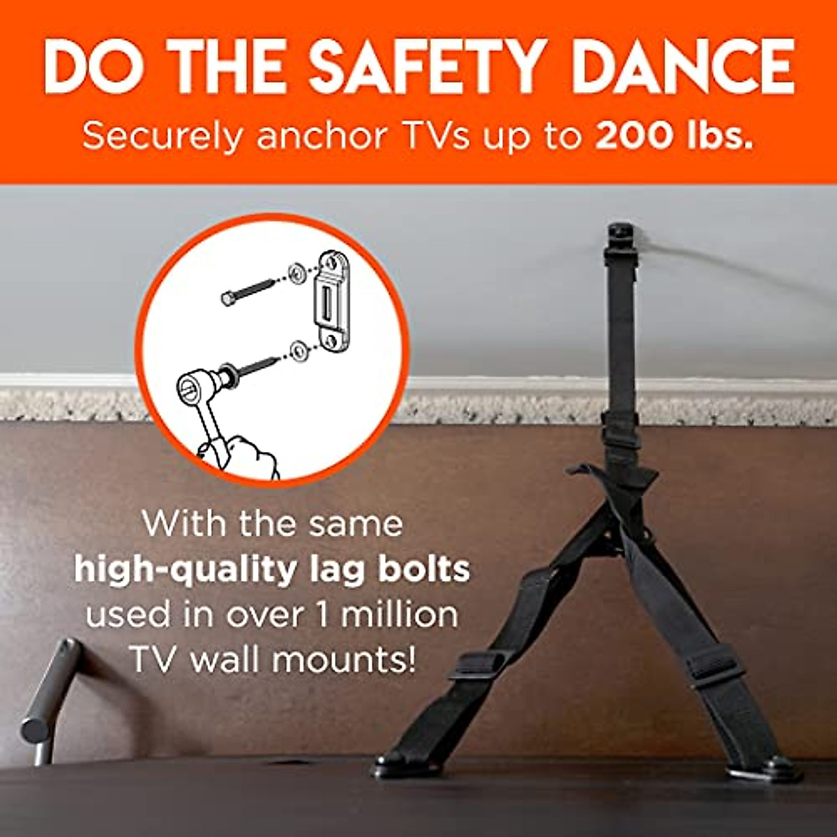 ECHOGEAR TV Safety Straps for Flat Screens - Anchor TVs Up to 90" to Furniture Or The Wall - Pre-Assembled Anti-Tip Strap Includes All Hardware for Baby Proofing Your TV