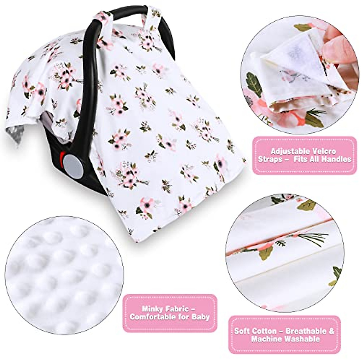 Carseat Canopy and Nursing Cover for Breastfeeding Cool/Warm Weather Infant Car Seat Cover Winter Baby Gifts for Newborn Floral for Boys Girls (Flower/Pink)