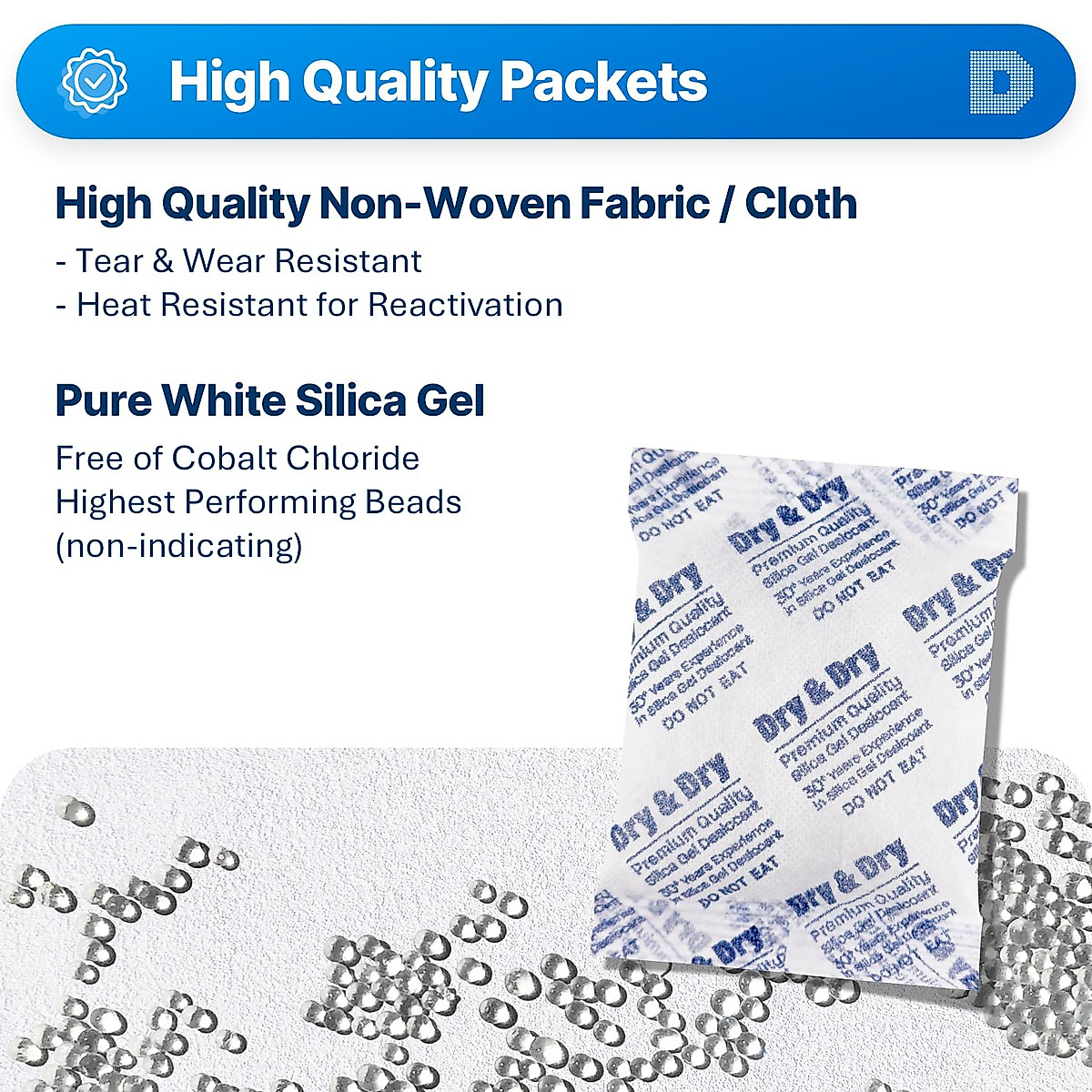 Dry & Dry 50 Gram [10 Packets] Silica Gel Packets Desiccants, Silica Packets - Rechargeable Silica Gel Packs, Moisture Absorbers, Desiccants Packets, Silica Gel