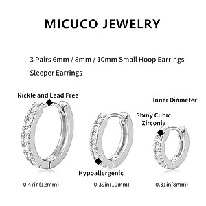 micuco 3 Pairs Small Hoop Earrings Tiny Cartilage Earrings for Women Cubic Zirconia Earrings White Gold Plated Huggie Hoop Ear Piercing Earrings for Men Silver Plated 8mm 10mm 12mm