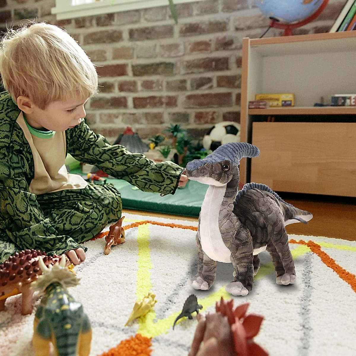 Dinosaur Plush Toy, 16" Parasaurolophus Stuffed Animal Throw Plushie Pillow Doll, Soft Grey Fluffy Friend Hugging Cushion - Present for Every Age & Occasion