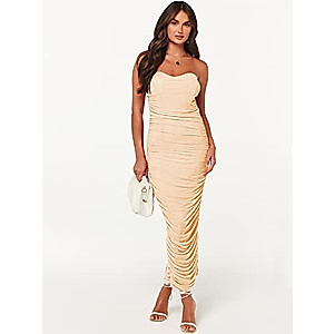 ANRABESS Women Ruched Bodycon Dress 2023 Summer Sexy Strapless Sleeveless Slit Party Cocktail Club Night Dresses Elagant Wedding Guest Evening Graduation Prom Dress 883qianxing-M Apricot