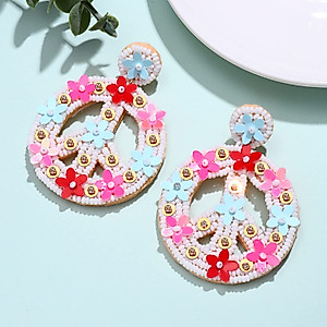 Beaded Dangle Earrings for Women Dangling Flower Hoop Earrings Peace Sign Drop Earrings Statement Handmade Boho Fashion Spring Summer Earring Studs Jewelry Gifts